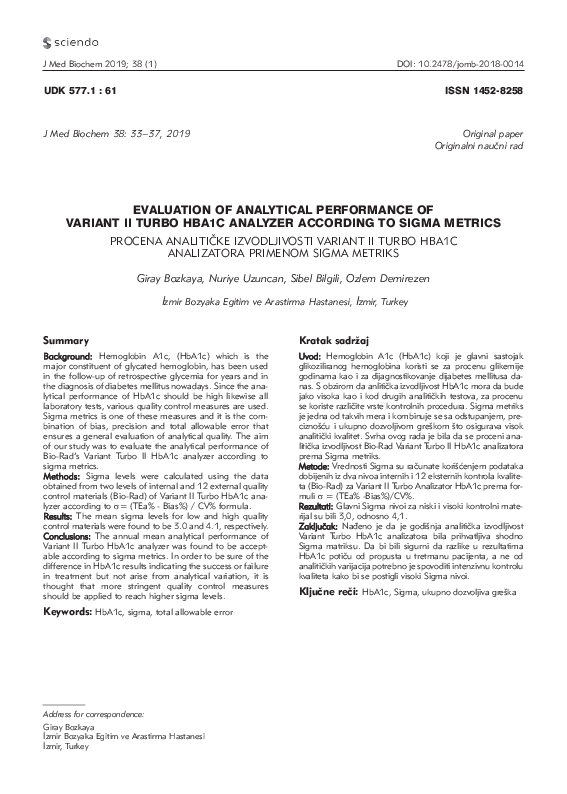 (PDF) Evaluation of Analytical Performance of Variant II Turbo HbA1c ...