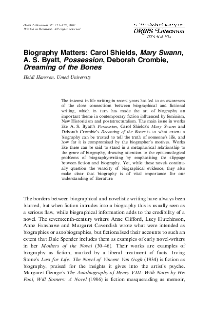 (PDF) Biography Matters: Carol Shields, Mary Swann, A. S. Byatt ...