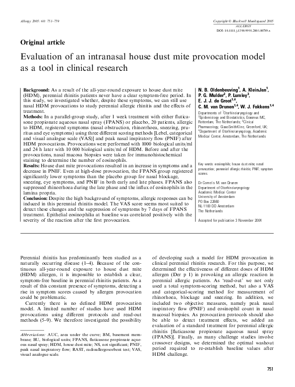 (PDF) Evaluation of an intranasal house dust mite provocation model as ...