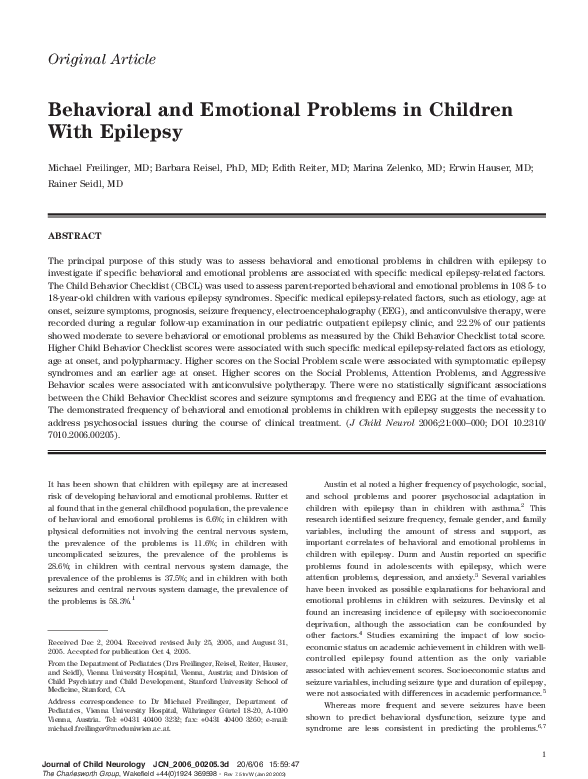 (PDF) Behavioral and Emotional Problems in Children With Epilepsy