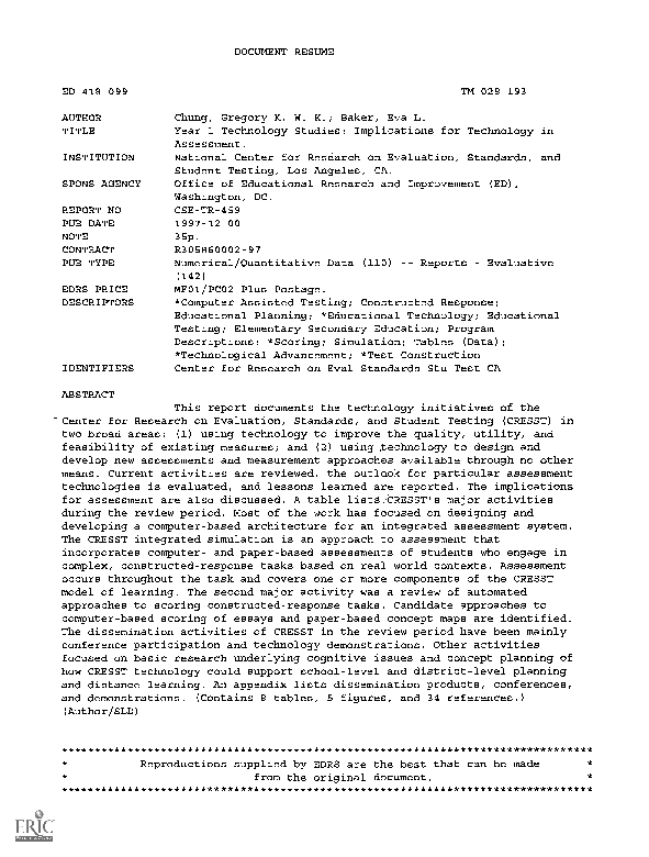 Year 1 Technology Studies: Implications for Technology in Assessment