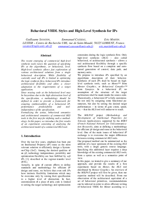 Pdf Behavioral Vhdl Styles And High Level Synthesis For Ips