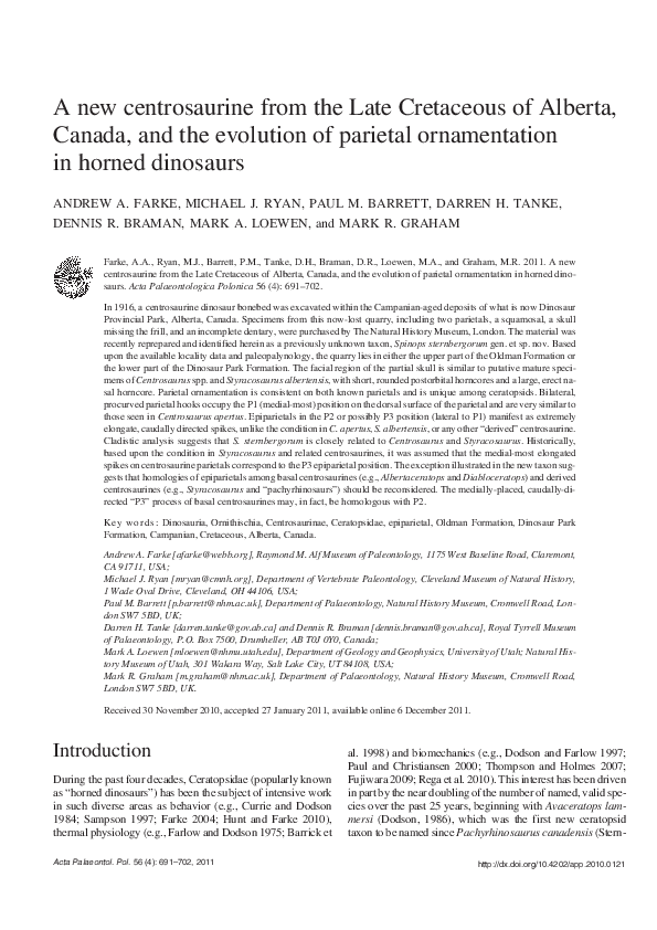 (PDF) A new centrosaurine from the Late Cretaceous of Alberta, Canada ...