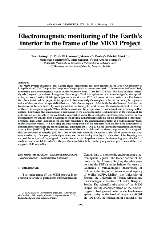 (PDF) Electromagnetic monitoring of the Earth's interior in the frame ...