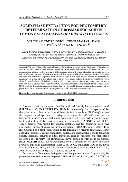 (PDF) Solid-Phase Extraction for Photometric Determination of Rosmarinic Acid in Lemon Balm ...