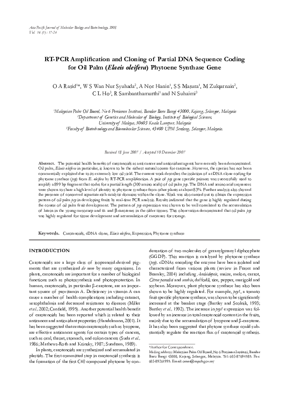 (PDF) RT-PCR Amplification and Cloning of Partial DNA Sequence Coding for Oil Palm (Elaeis ...