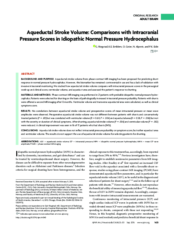 (PDF) Aqueductal Stroke Volume: Comparisons with Intracranial Pressure ...