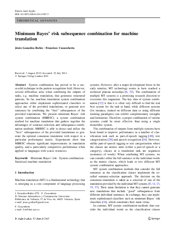 (PDF) Minimum Bayes’ risk subsequence combination for machine translation