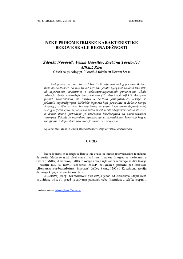 (PDF) Some psychometric characteristics of the Beck's Hopelessness Scale