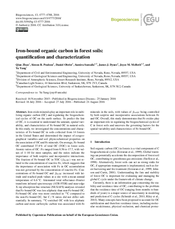 (PDF) Iron-Bound Organic Carbon in Forest Soils: Quantification and Characterization