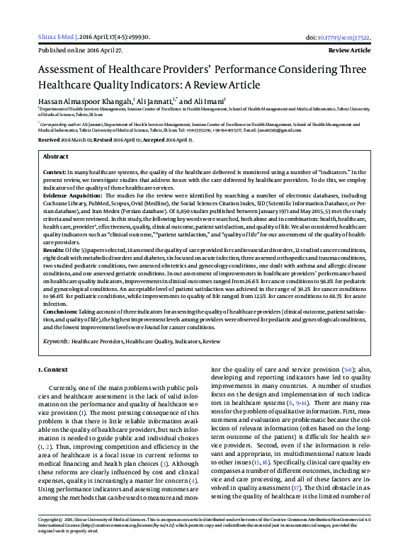 (PDF) Assessment of Healthcare Providers’ Performance Considering Three ...
