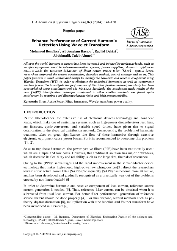 (PDF) Enhance Performance of Current Harmonic Detection Using Wavelet Transform