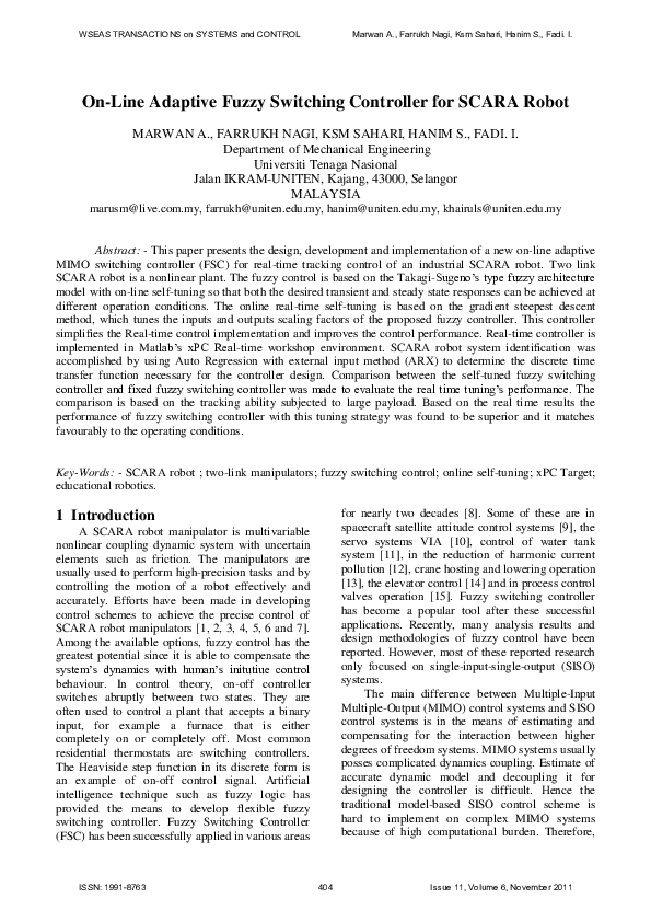 (PDF) On-line adaptive fuzzy switching controller for SCARA robot | Farrukh Nagi - Academia.edu