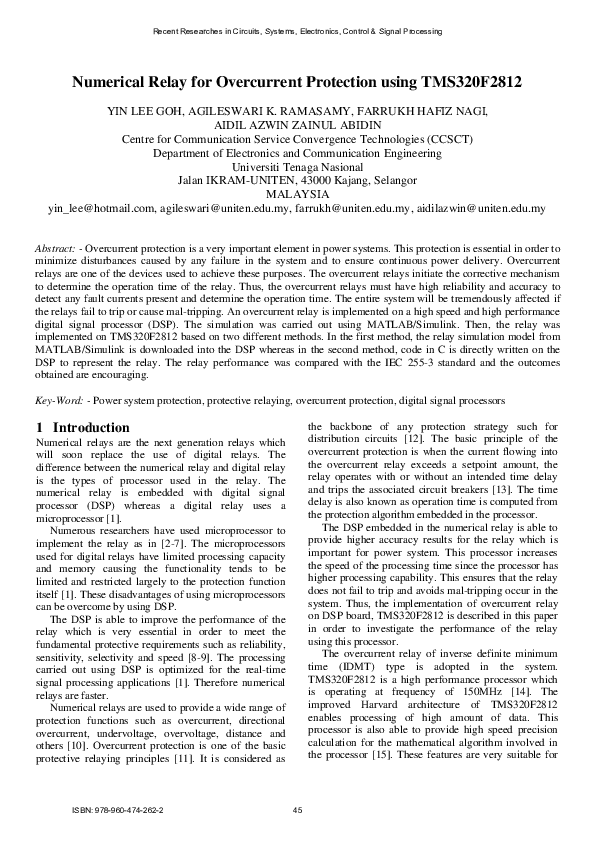 (PDF) Numerical relay for overcurrent protection using TMS320F2812
