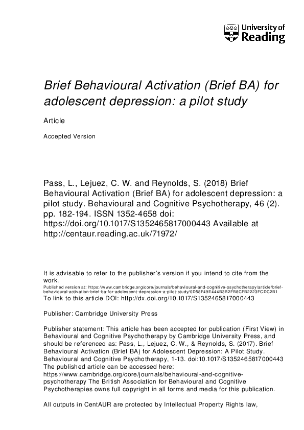 (PDF) Brief Behavioural Activation (Brief BA) for Adolescent Depression ...