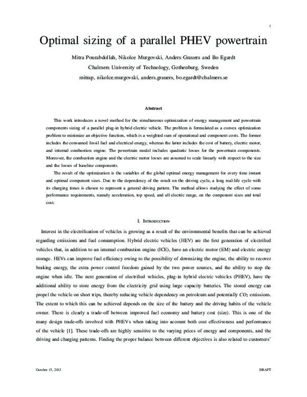 (PDF) Optimal Sizing of a Parallel PHEV Powertrain