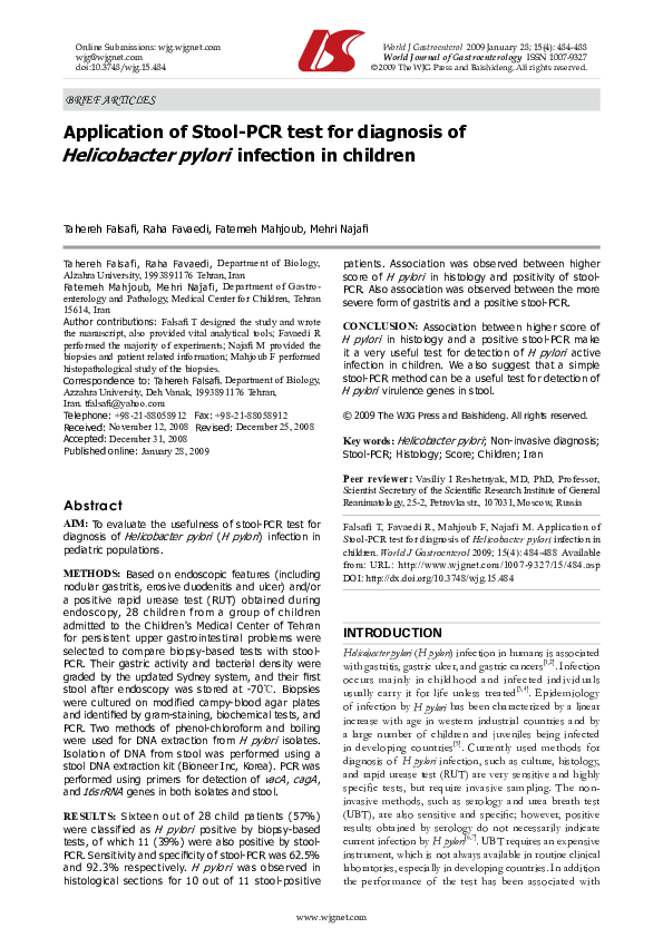 (PDF) Application of Stool-PCR test for diagnosis of Helicobacter ...