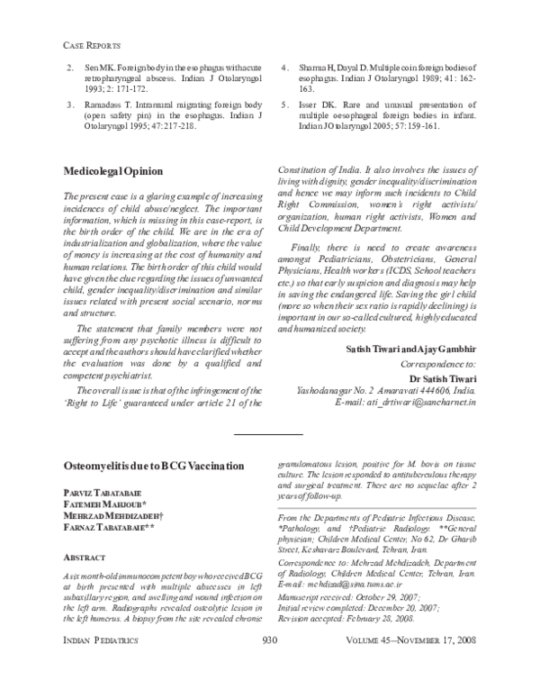 (PDF) Osteomyelitis due to BCG vaccination