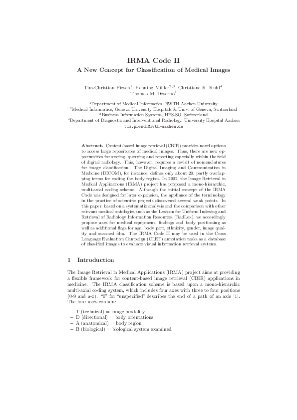 (PDF) IRMA-Code II: A new concept for classification of medical images