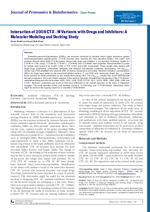 (PDF) Interaction of 2009 CTX - M Variants with Drugs and Inhibitors: a ...