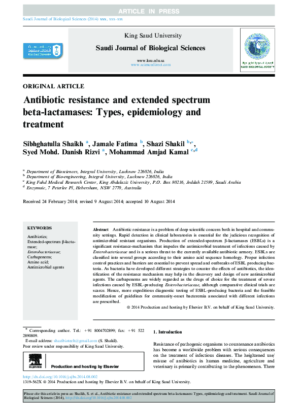 (PDF) Antibiotic resistance and extended spectrum beta-lactamases: Types, epidemiology and treatment