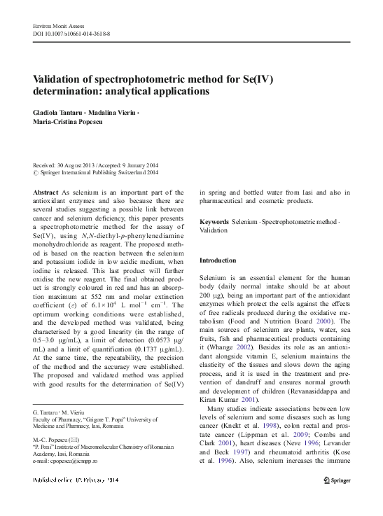 Pdf Validation Of Spectrophotometric Method For Se Iv Determination Analytical Applications