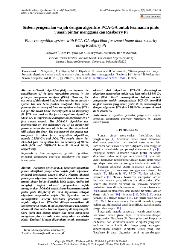 (PDF) Face recognition system with PCA-GA algorithm for smart home door security using Rasberry ...