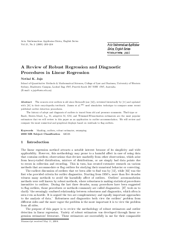 (PDF) A Review of Robust Regression and Diagnostic Procedures in Linear Regression