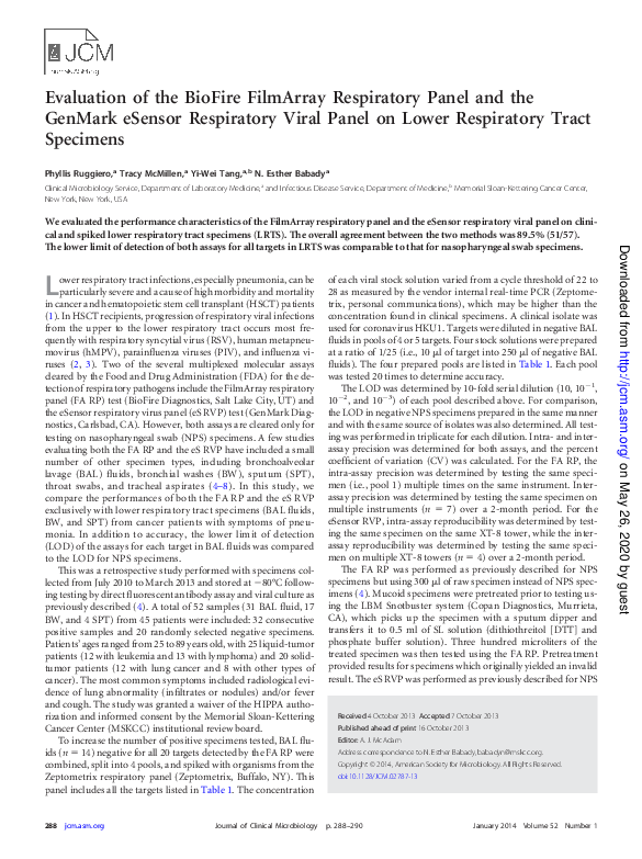 (PDF) Evaluation of the BioFire FilmArray Respiratory Panel and the ...