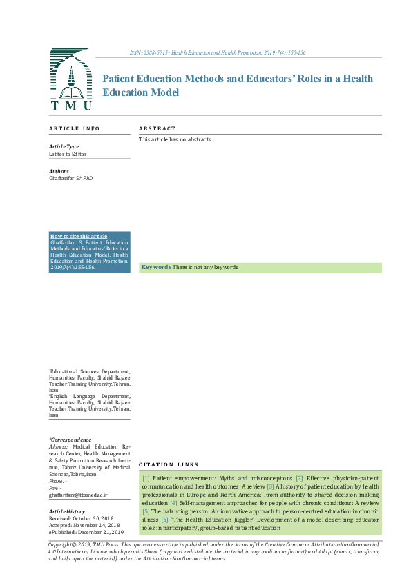 (PDF) Patient Education Methods and Educators' Roles in a Health ...