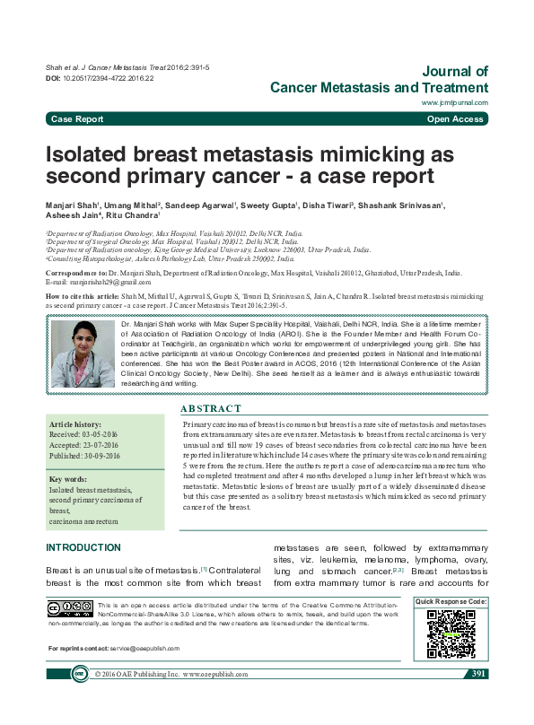 (PDF) Isolated breast metastasis mimicking as second primary cancer - a case report