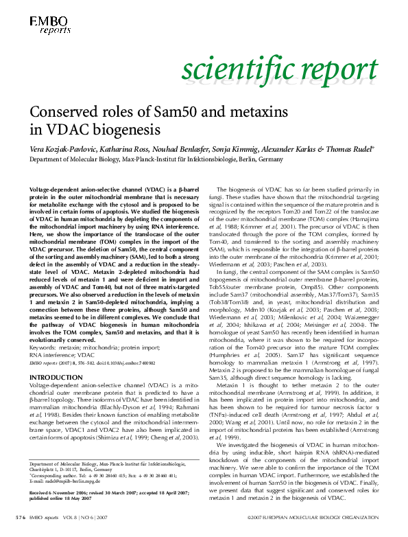 (PDF) Conserved roles of Sam50 and metaxins in VDAC biogenesis