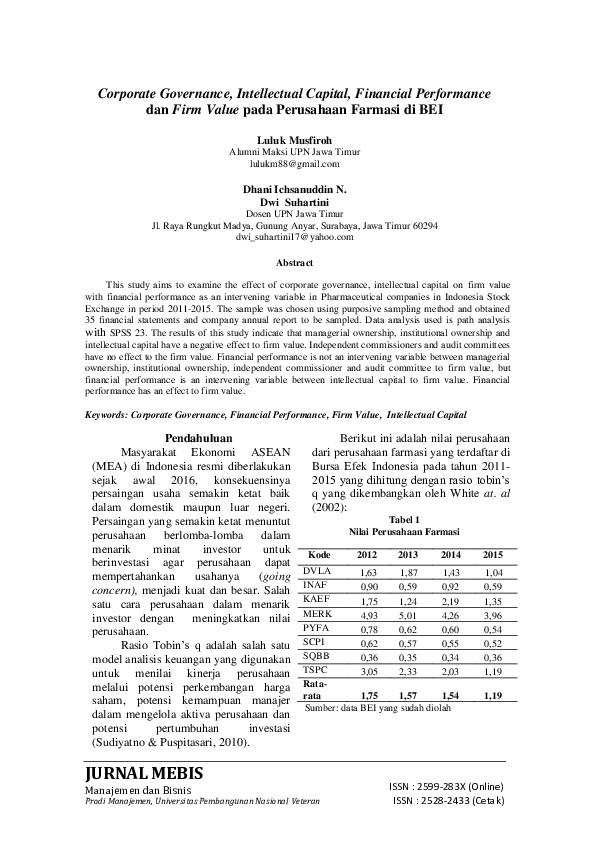 (PDF) Corporate Governance, Intellectual Capital, Financial Performance Dan Firm Value Pada ...