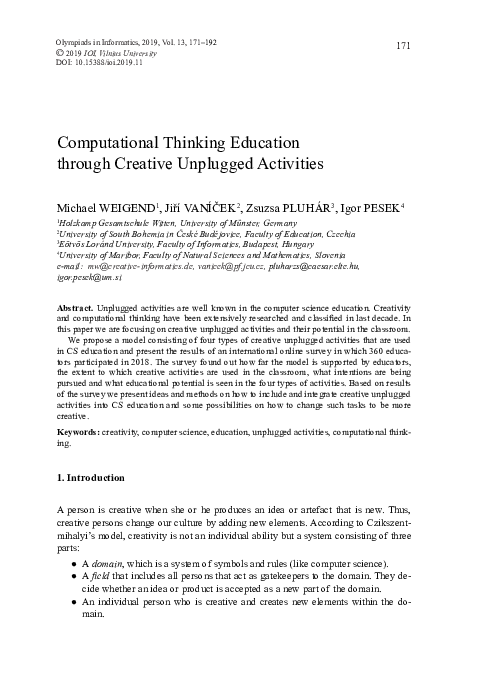 (PDF) Computational Thinking Education through Creative Unplugged Activities
