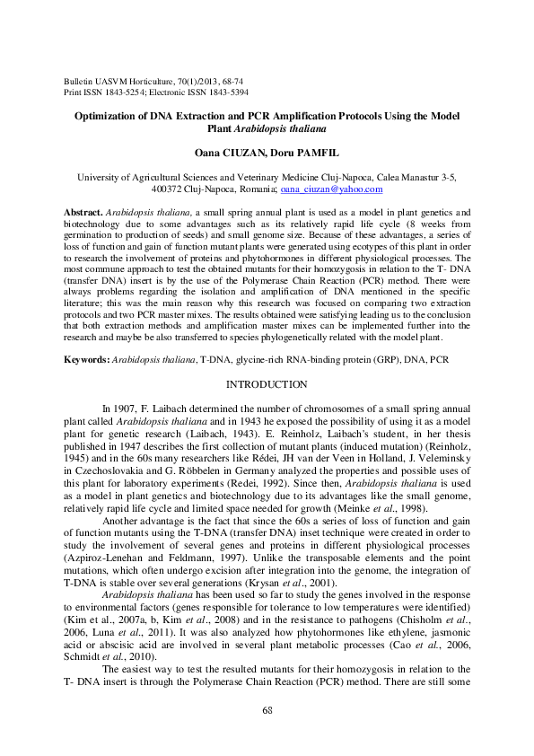 Pdf Optimizing Dna Extraction And Pcr In Arabidopsis Thaliana