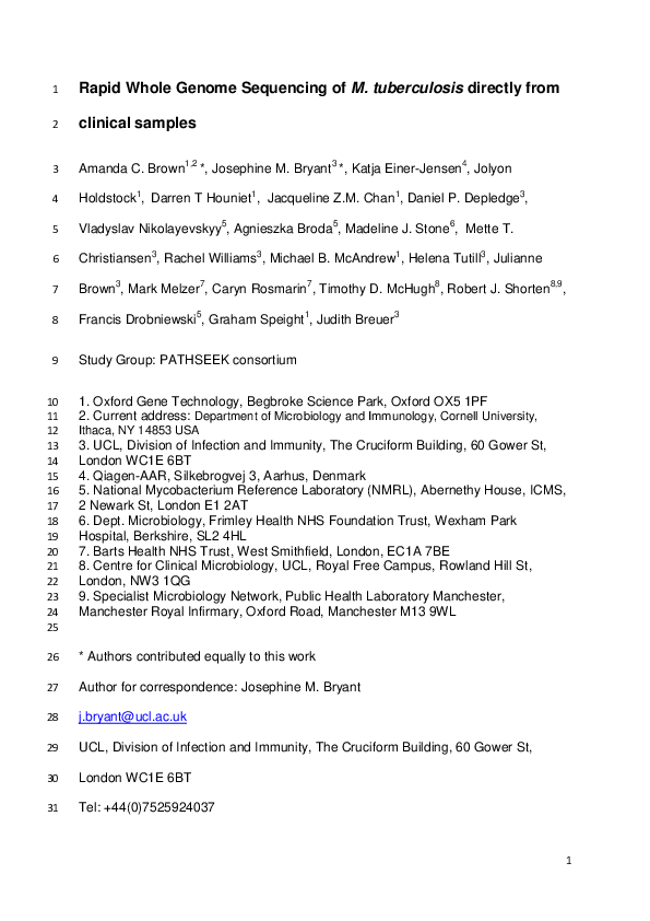 (PDF) Rapid Whole Genome Sequencing of M. tuberculosis directly from ...