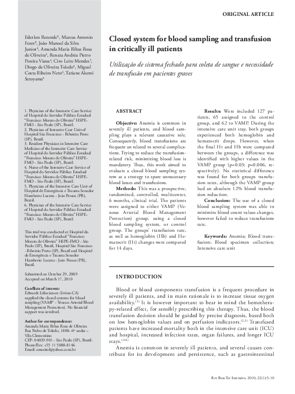 (PDF) Closed system for blood sampling and transfusion in critically ...