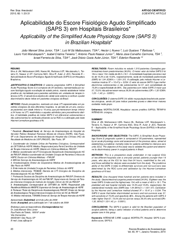 (PDF) Applicability of the Simplified Acute Physiology Score (SAPS 3 ...