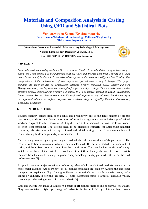 (PDF) Materials and Composition Analysis in Casting Using QFD and ...