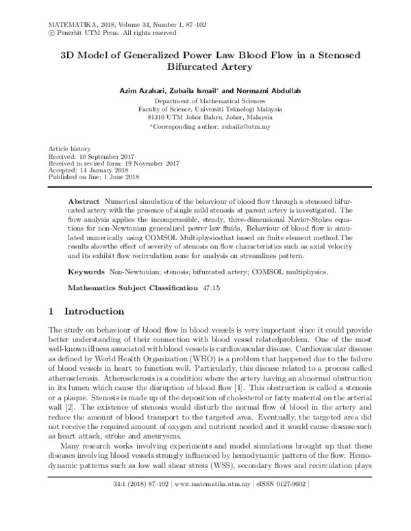 (PDF) 3D Model of Generalized Power Law Blood Flow in a Stenosed ...