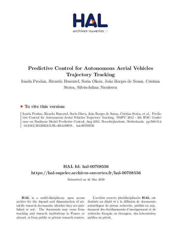 (PDF) Predictive Control for Autonomous Aerial Vehicles Trajectory Tracking (PDF) Predictive Control for Autonomous Aerial Vehicles Trajectory Tracking