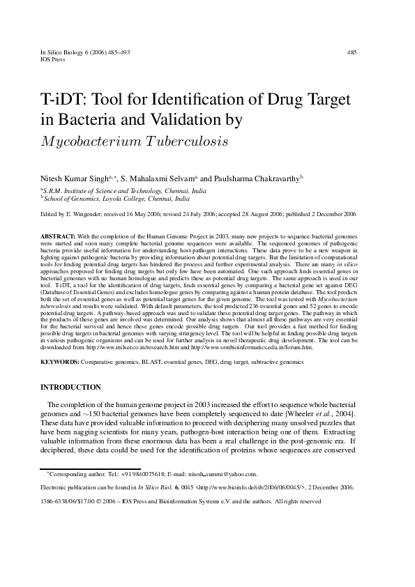 (PDF) T-iDT : tool for identification of drug target in bacteria and ...