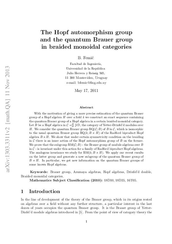 (PDF) The Hopf Automorphism Group and the Quantum Brauer Group in Braided Monoidal Categories