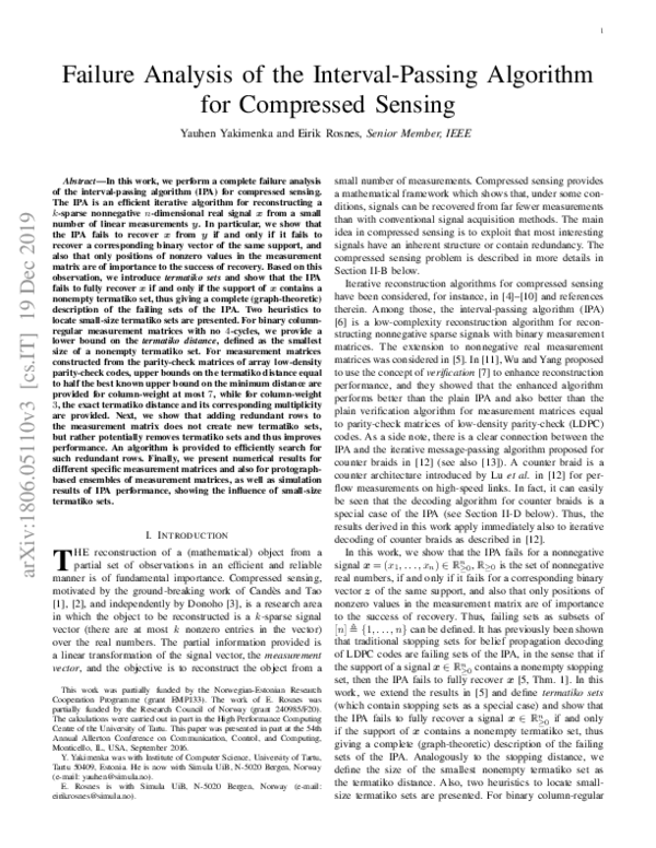 (PDF) Failure Analysis of the Interval-Passing Algorithm for Compressed Sensing
