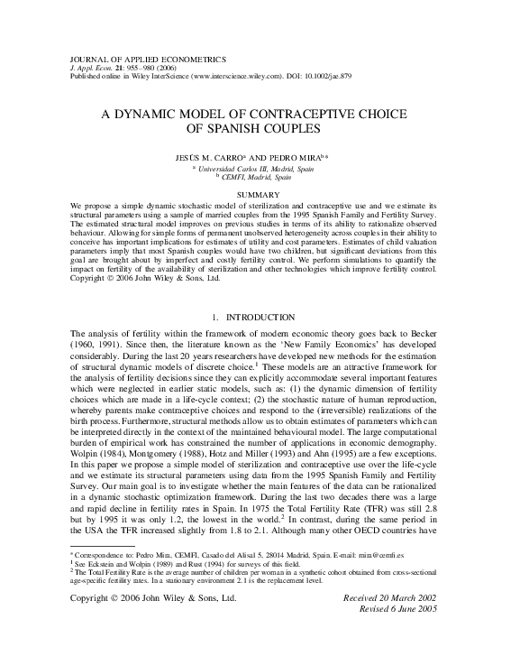 (PDF) A dynamic model of contraceptive choice of Spanish couples
