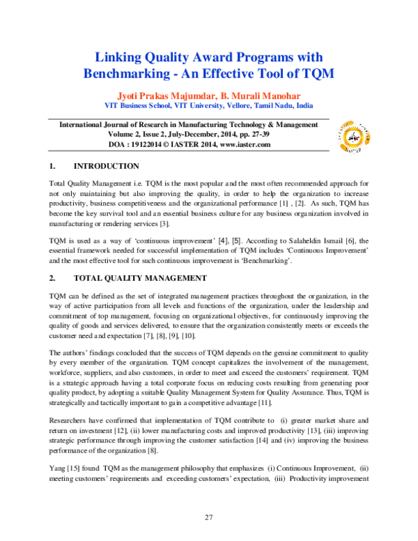 (PDF) Linking Quality Award Programs with Benchmarking - An Effective ...