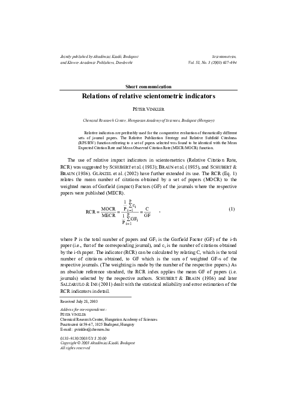 (PDF) Relations of relative scientometric indicators | Péter Vinkler ...