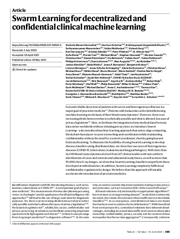(PDF) Swarm Learning for decentralized and confidential clinical ...