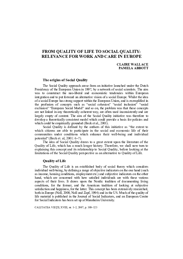 (PDF) From Quality of Life to Social Quality