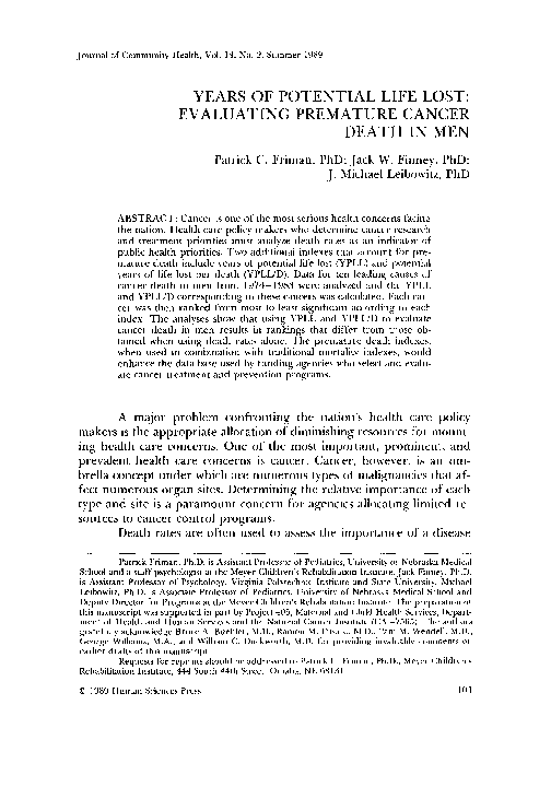 (PDF) Years of potential life lost: Evaluating premature cancer death ...